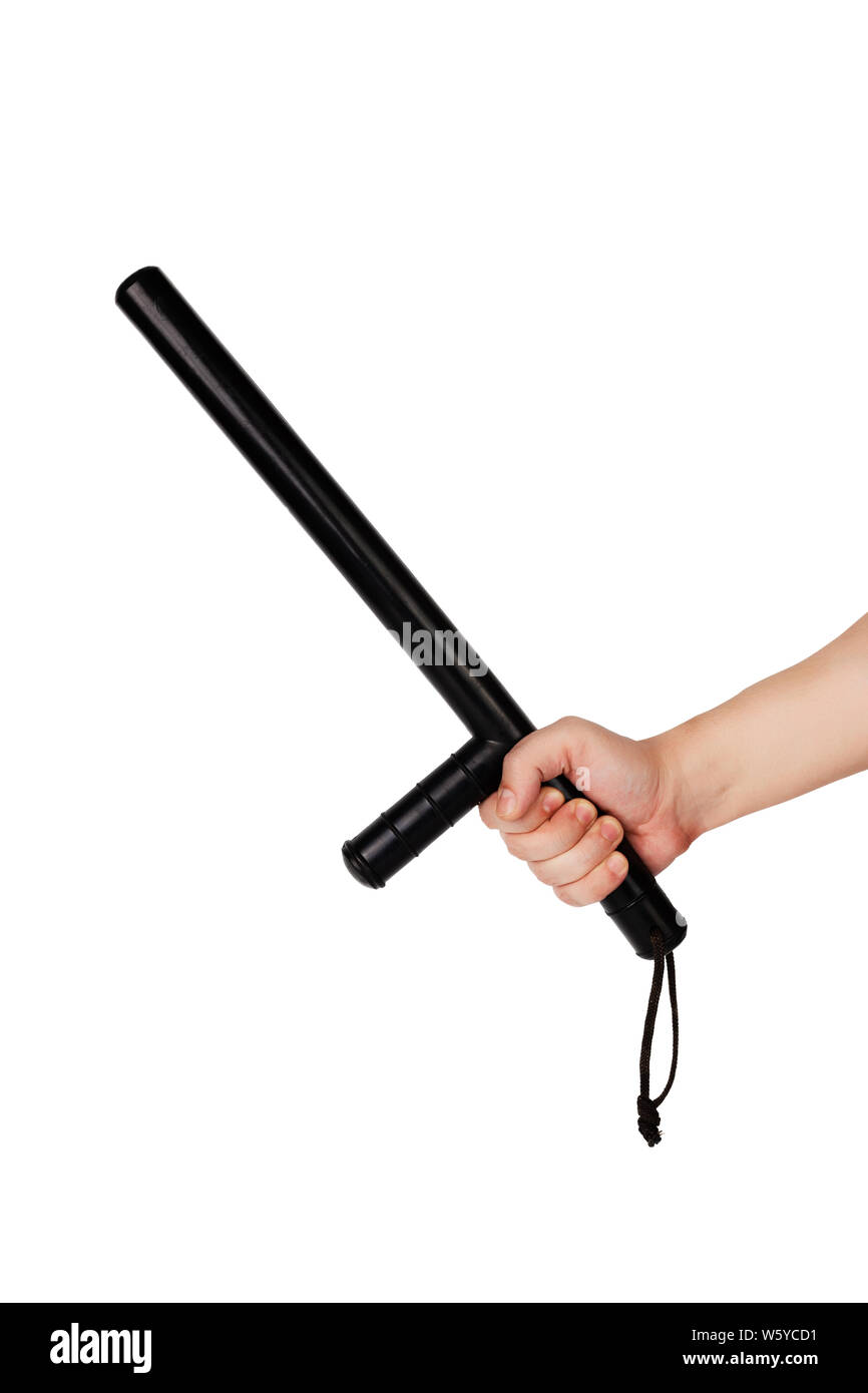 bare hand with black rubber police baton isolated on white background ...