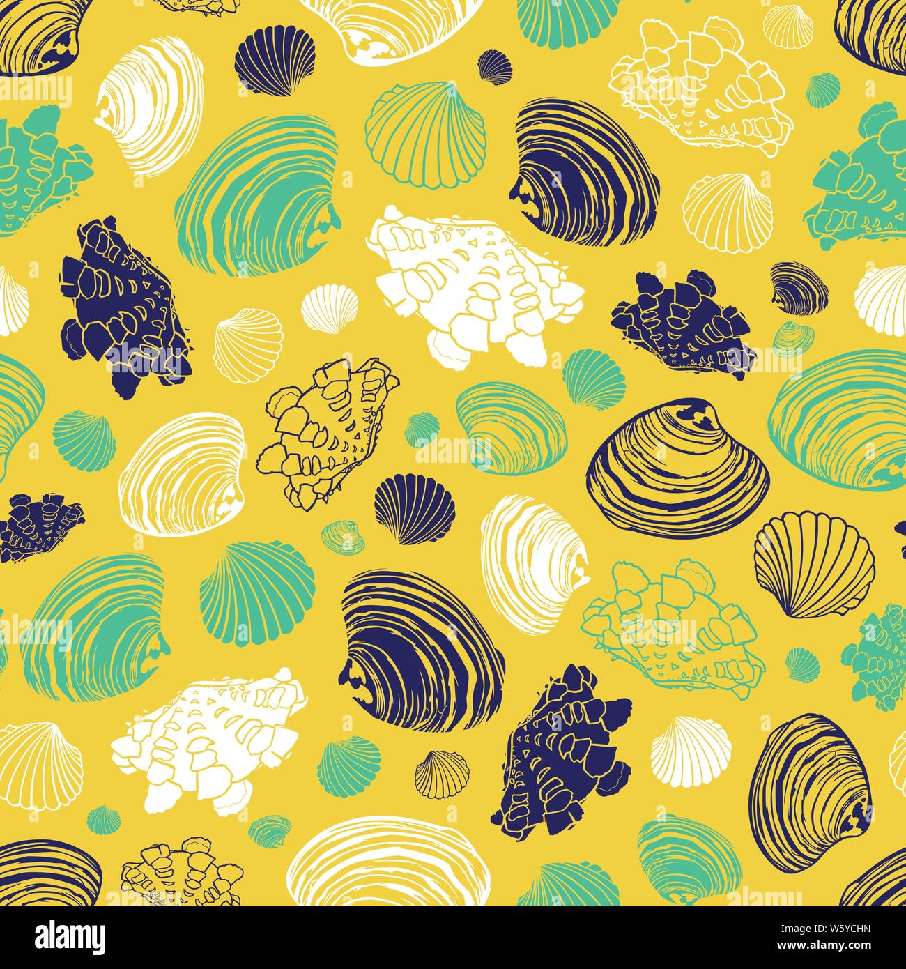 Vector yellow repeat pattern with variety of clam seashells. Perfect ...