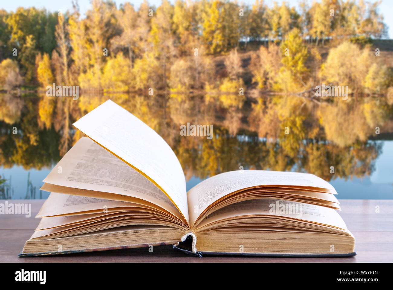 open book on nature background with lake Stock Photo - Alamy