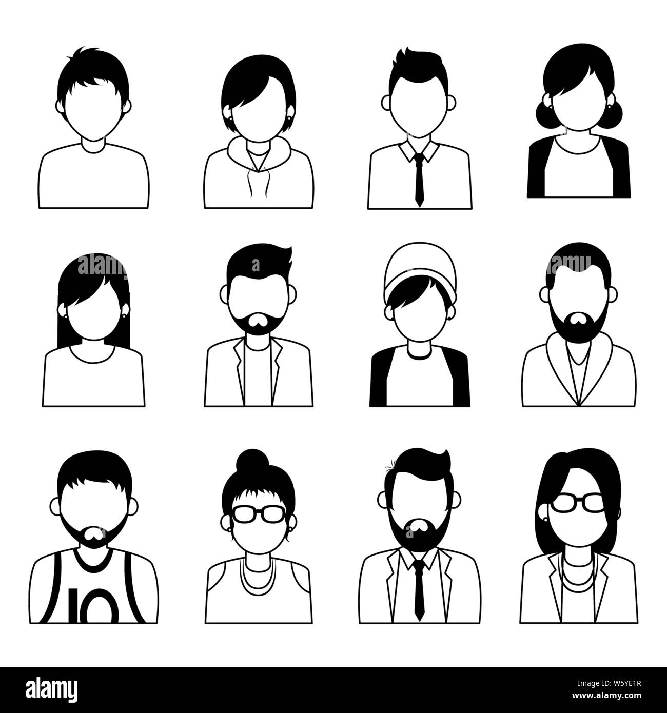 Set of people faceless characters icons in black and white Stock Vector ...
