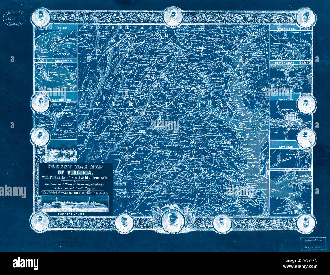 Civil War Maps 1433 Pocket war map of Virginia with portraits of Scott ...