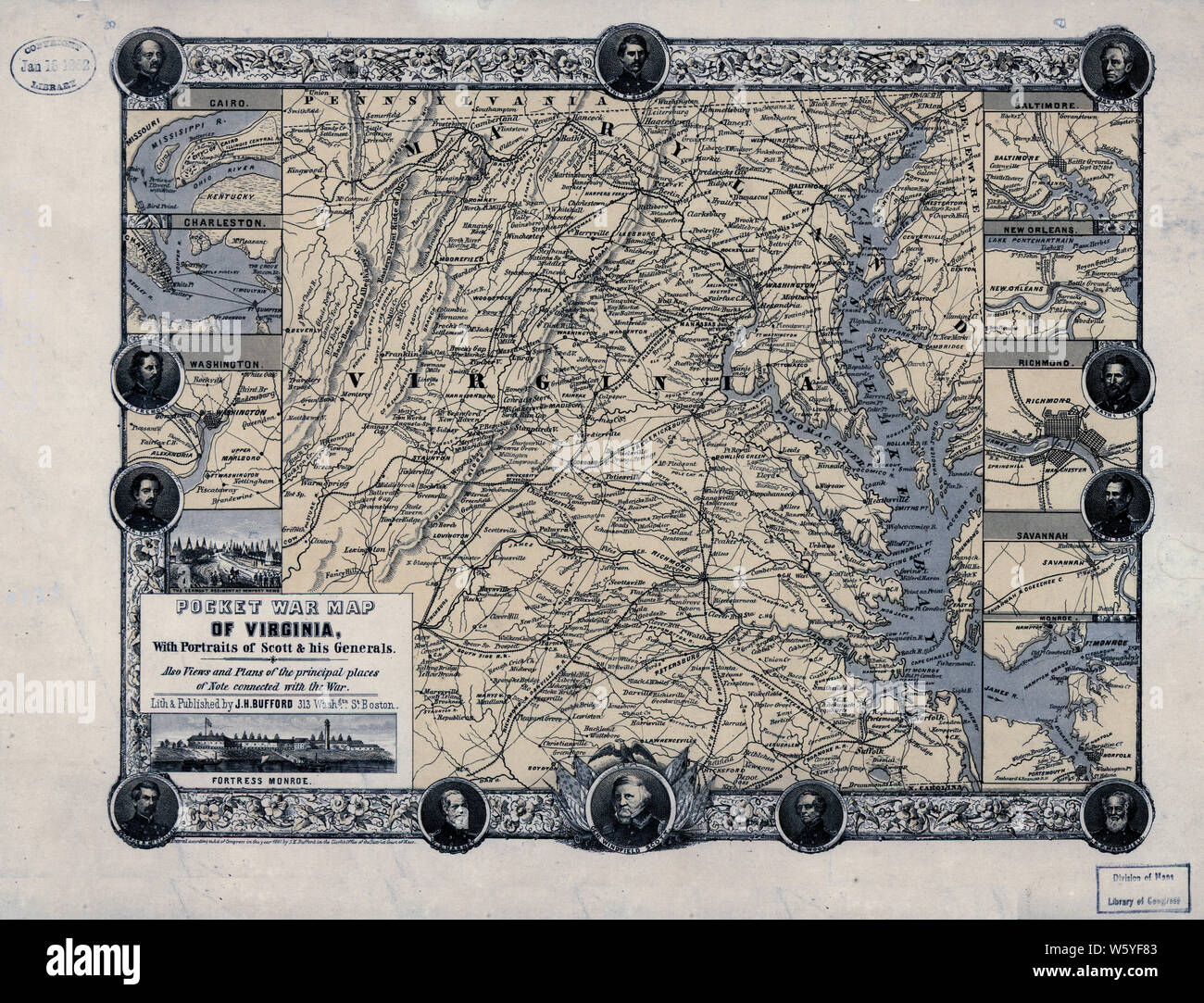 Civil War Maps 1433 Pocket war map of Virginia with portraits of Scott ...