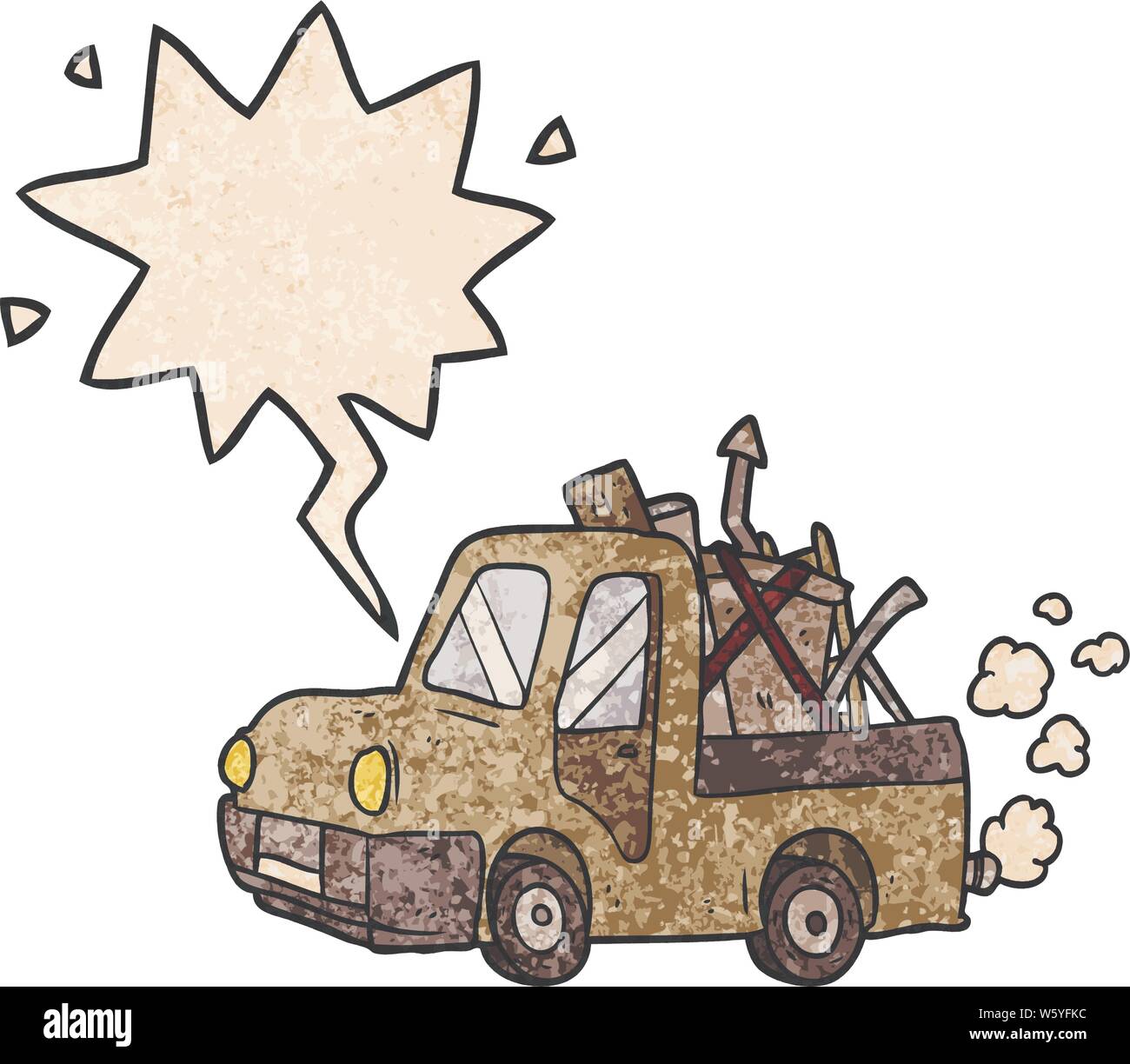 cartoon old truck full of junk with speech bubble in retro texture ...