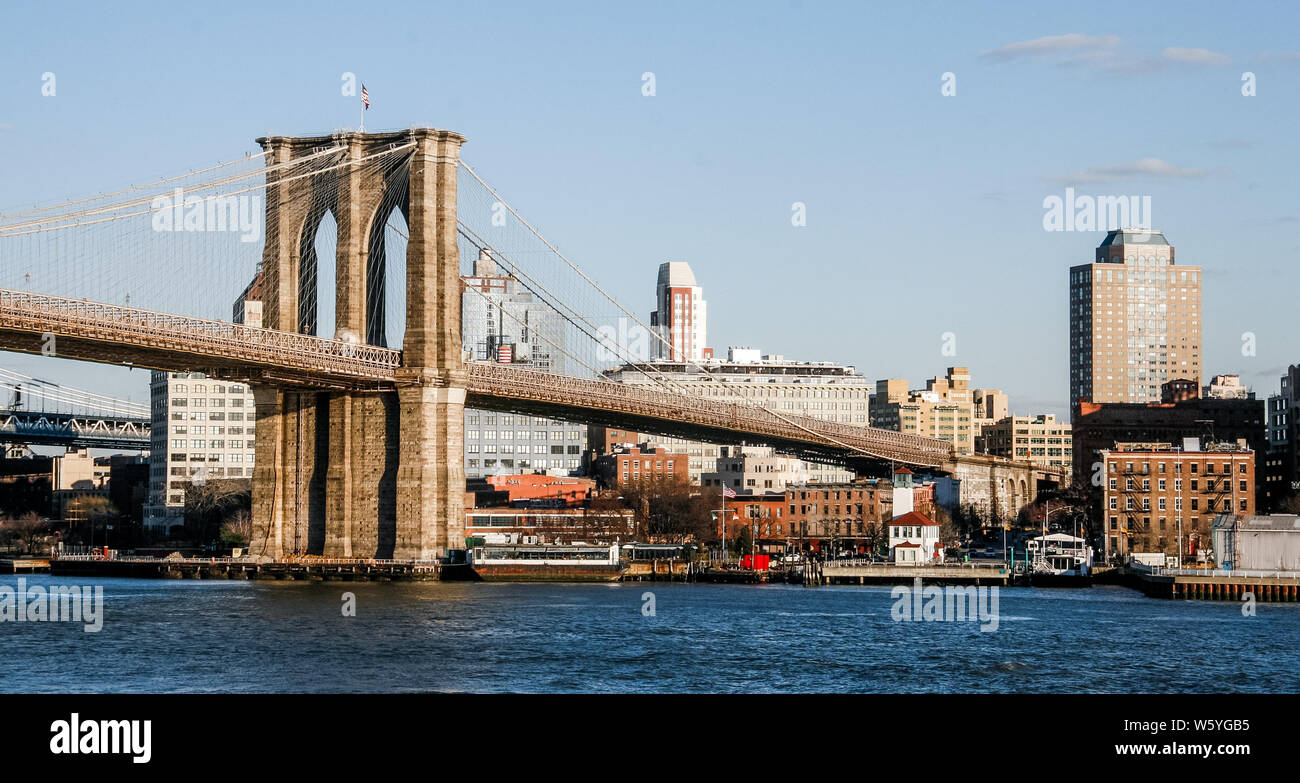 NEW YORK, USA. February 2009. Panoramic view of the Brooklyn Day Bridge ...