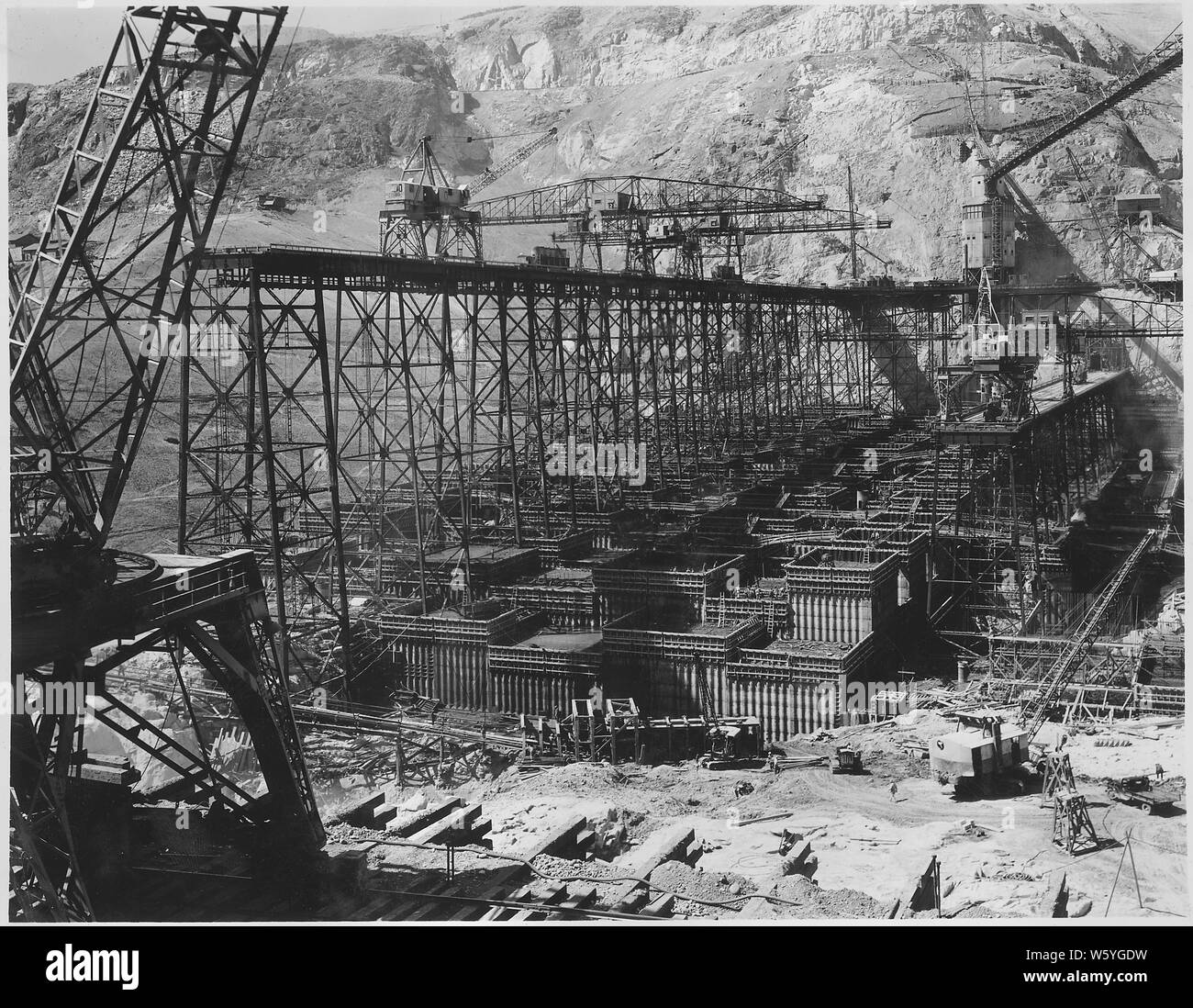 View looking west across the west dam and power-house area.; Scope and ...