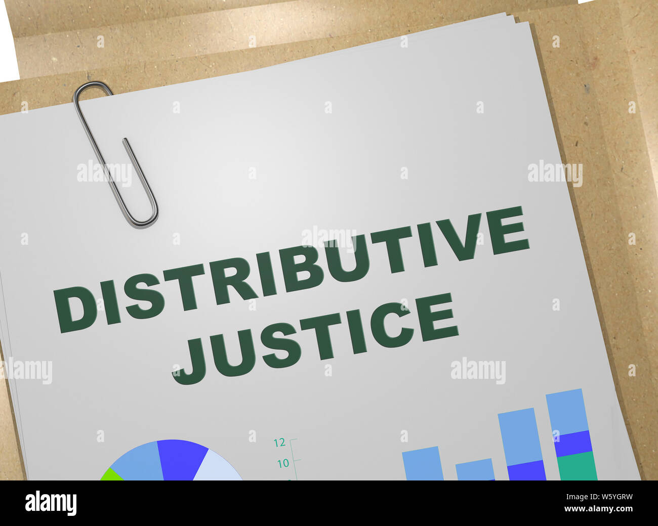 3D illustration of DISTRIBUTIVE JUSTICE title on business document ...