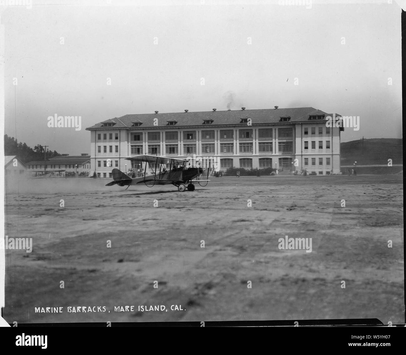 View of marine Barracks Mare Island Navy Yard, CA with an airlplane ...