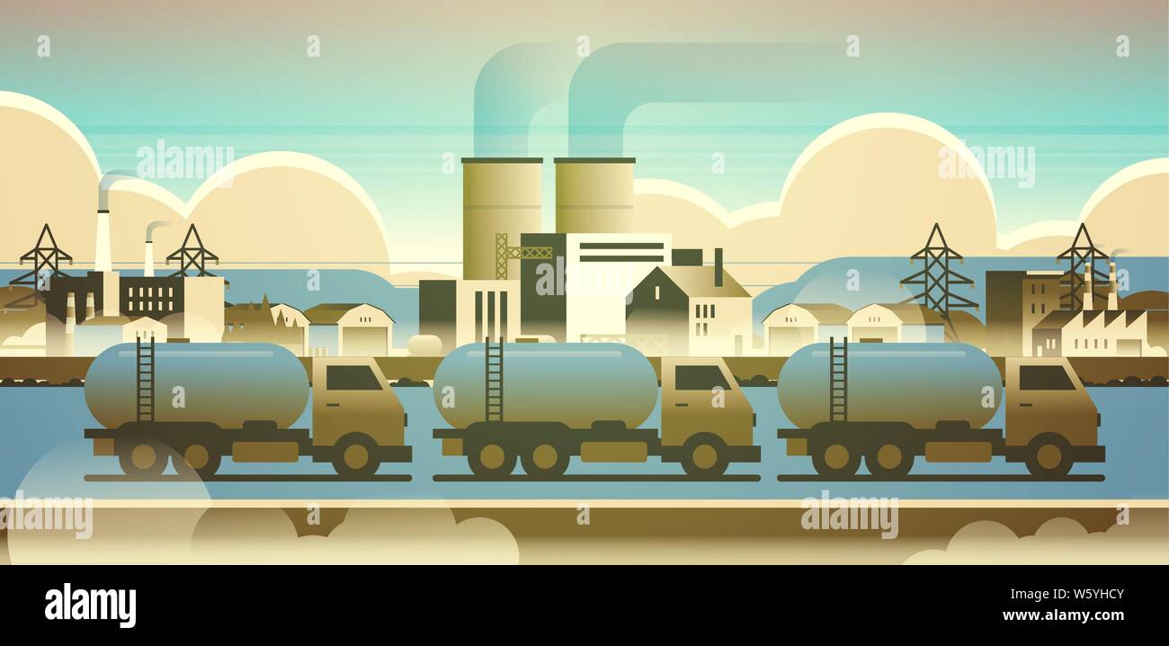 gas or oil tanker trucks over factory building industrial zone with ...