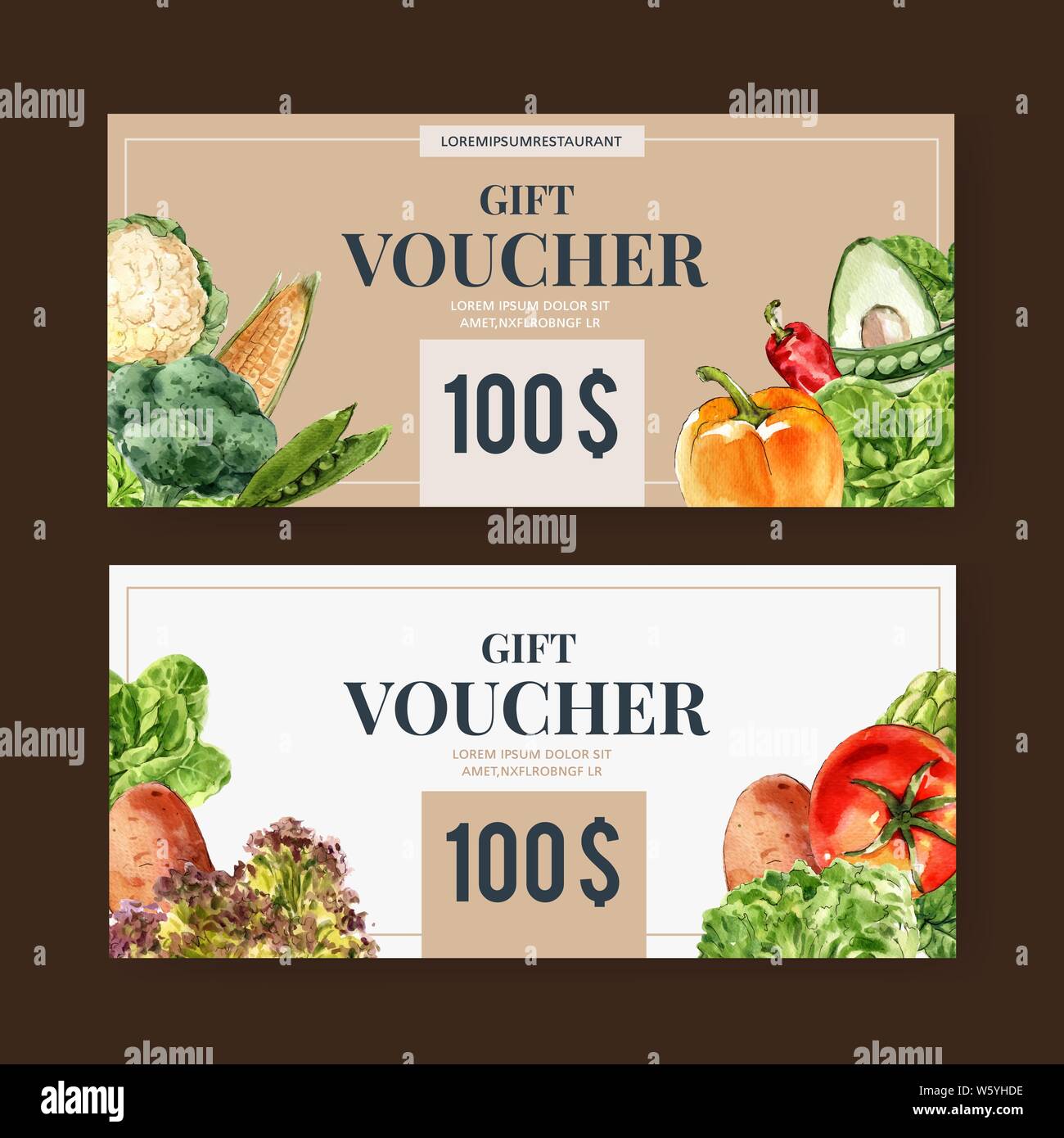 gift voucher vegetable watercolor paint collection. Fresh food organic ...