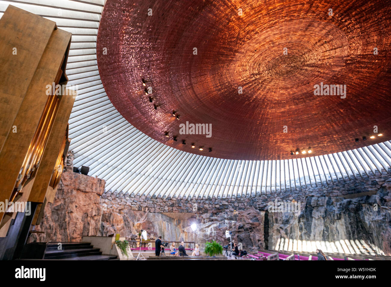 Pipe organ and underside of the copper church roof of the Temppeliaukio ...