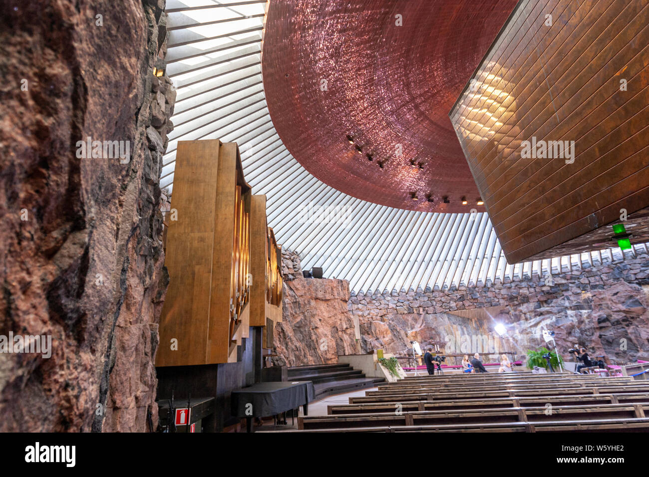 Pipe organ and underside of the copper church roof of the Temppeliaukio ...