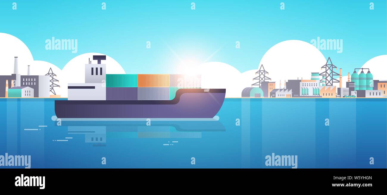 cargo container ship in sea or ocean over factory buildings industrial ...
