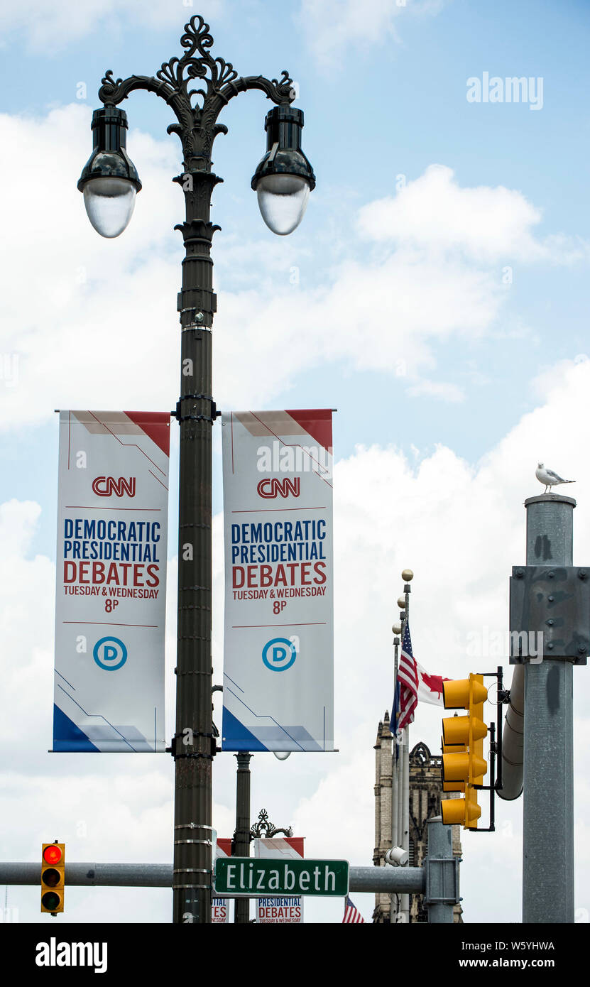 Detroit, Michigan, USA. 30th July, 2019. Banners announcing the ...