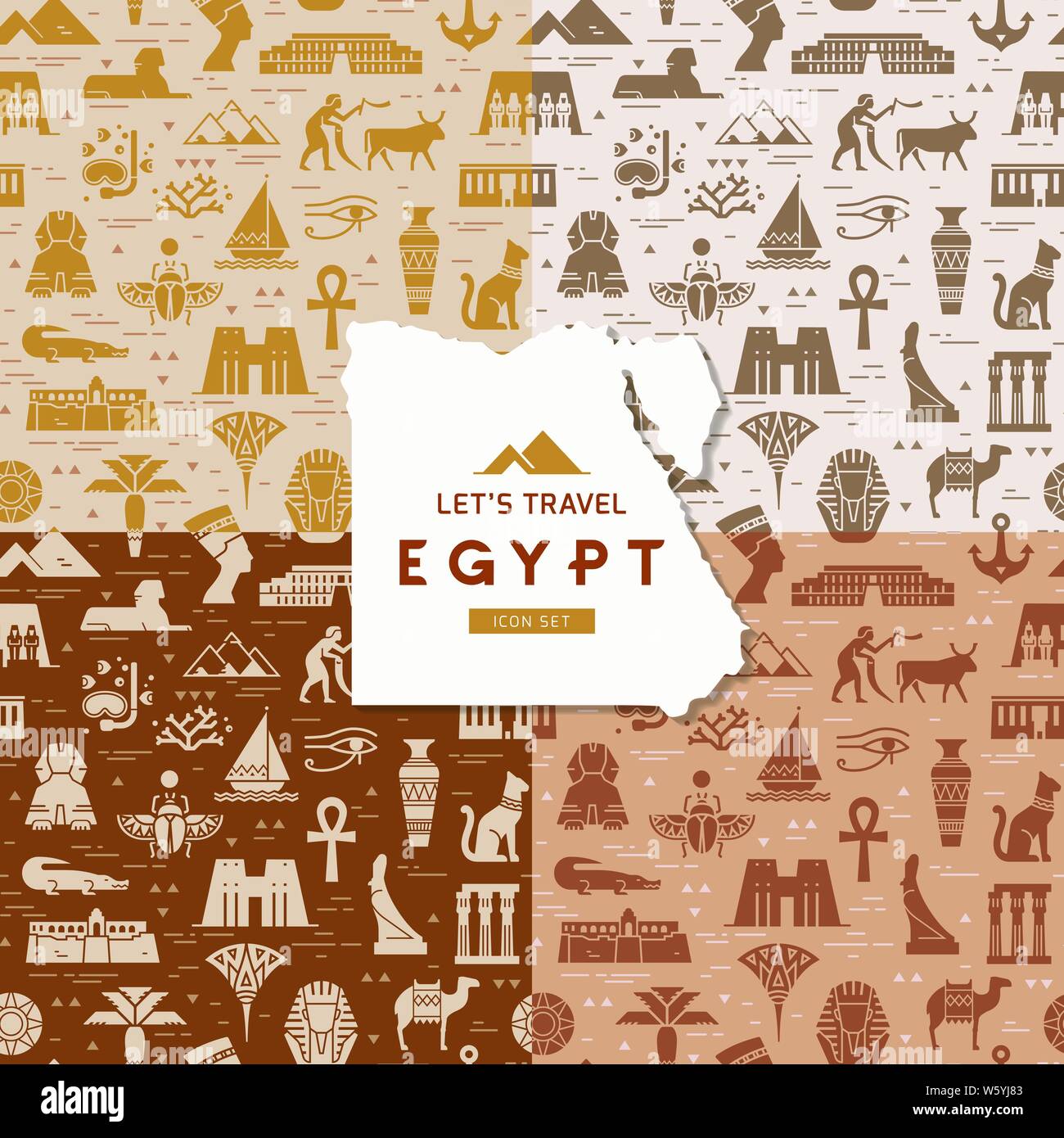 Set of four seamless patterns of symbols, landmarks, and signs of Egypt ...