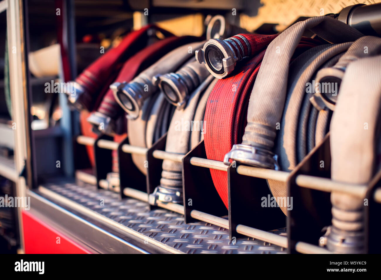 Fire truck engine with equipment in the fire department and ready for ...