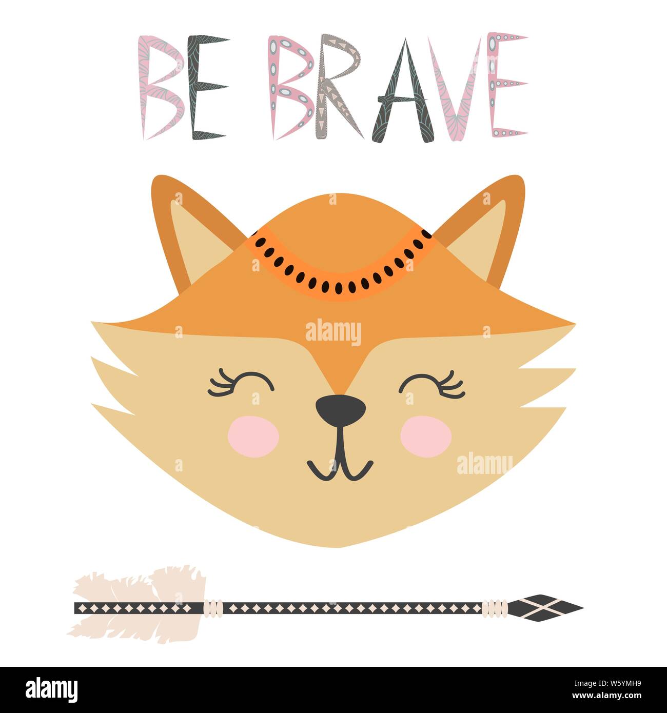 Cute sweet little fox smiling face art. Lettering quote Be Brave. Kids ...