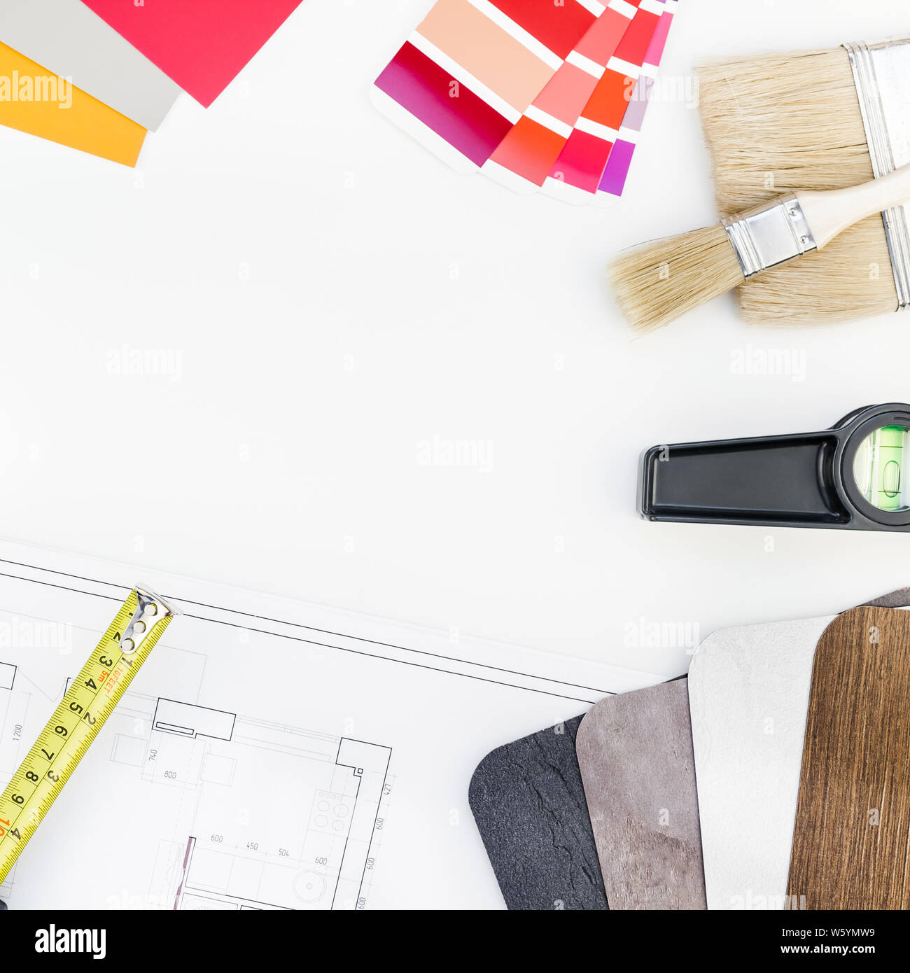 Creative flat lay overhead top view blueprint flat project plan and ...