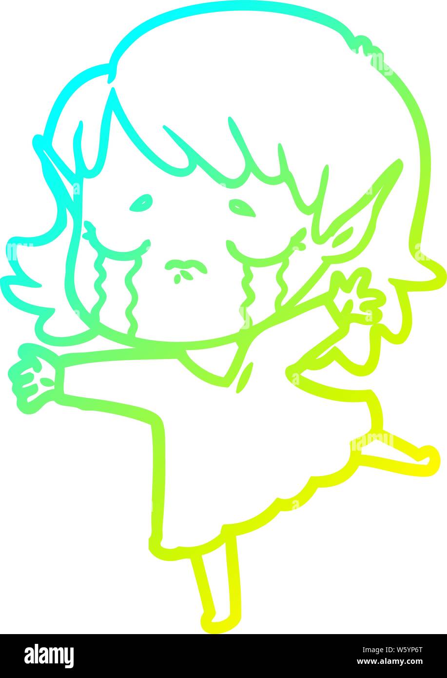 cold gradient line drawing of a cartoon crying elf girl Stock Vector ...