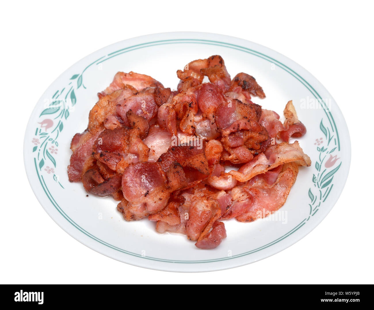 fried Bacon strips on dish isolated on white background Stock Photo - Alamy