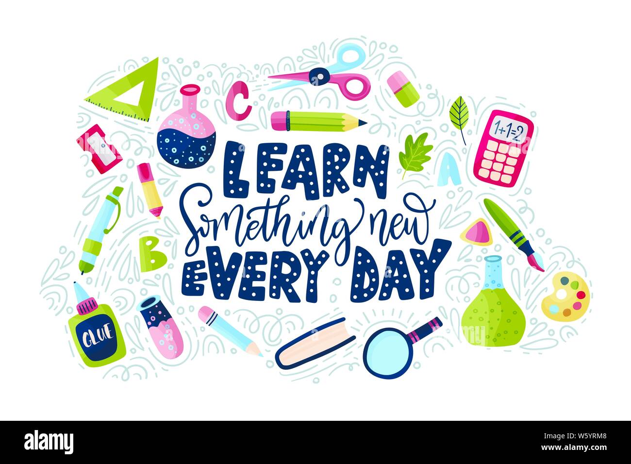 Vector school card with flat and doodle illustrations and hand drawn ...