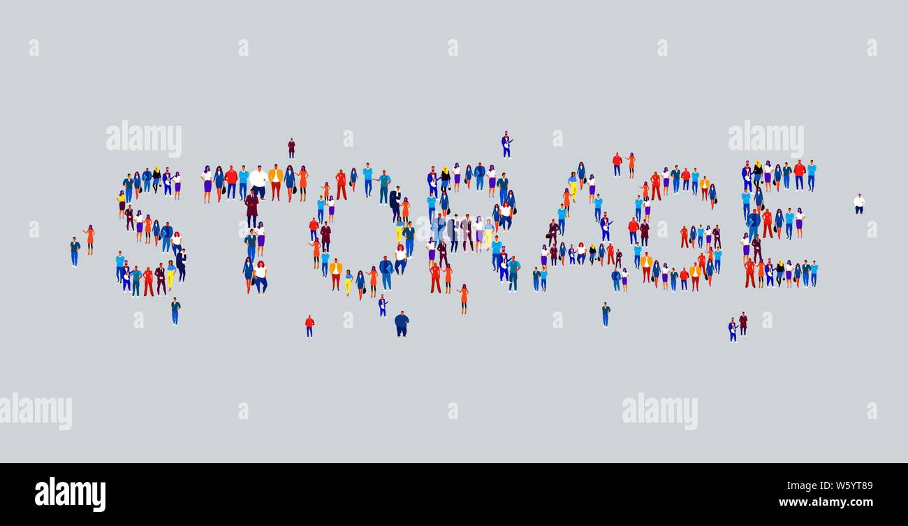 businesspeople crowd gathering in shape of storage word different ...