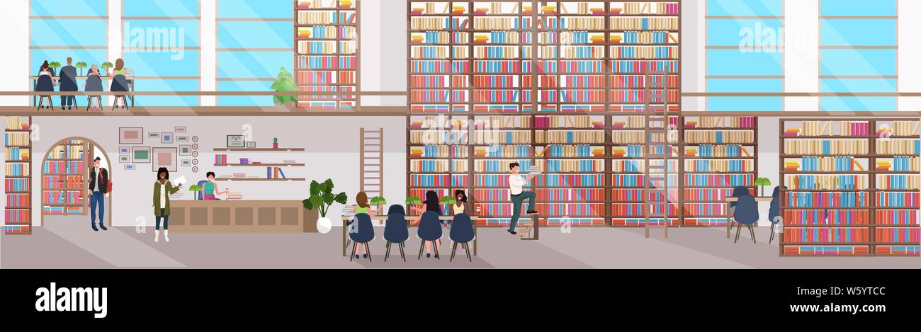 mix race people reading books men women visiting bookstore with ...