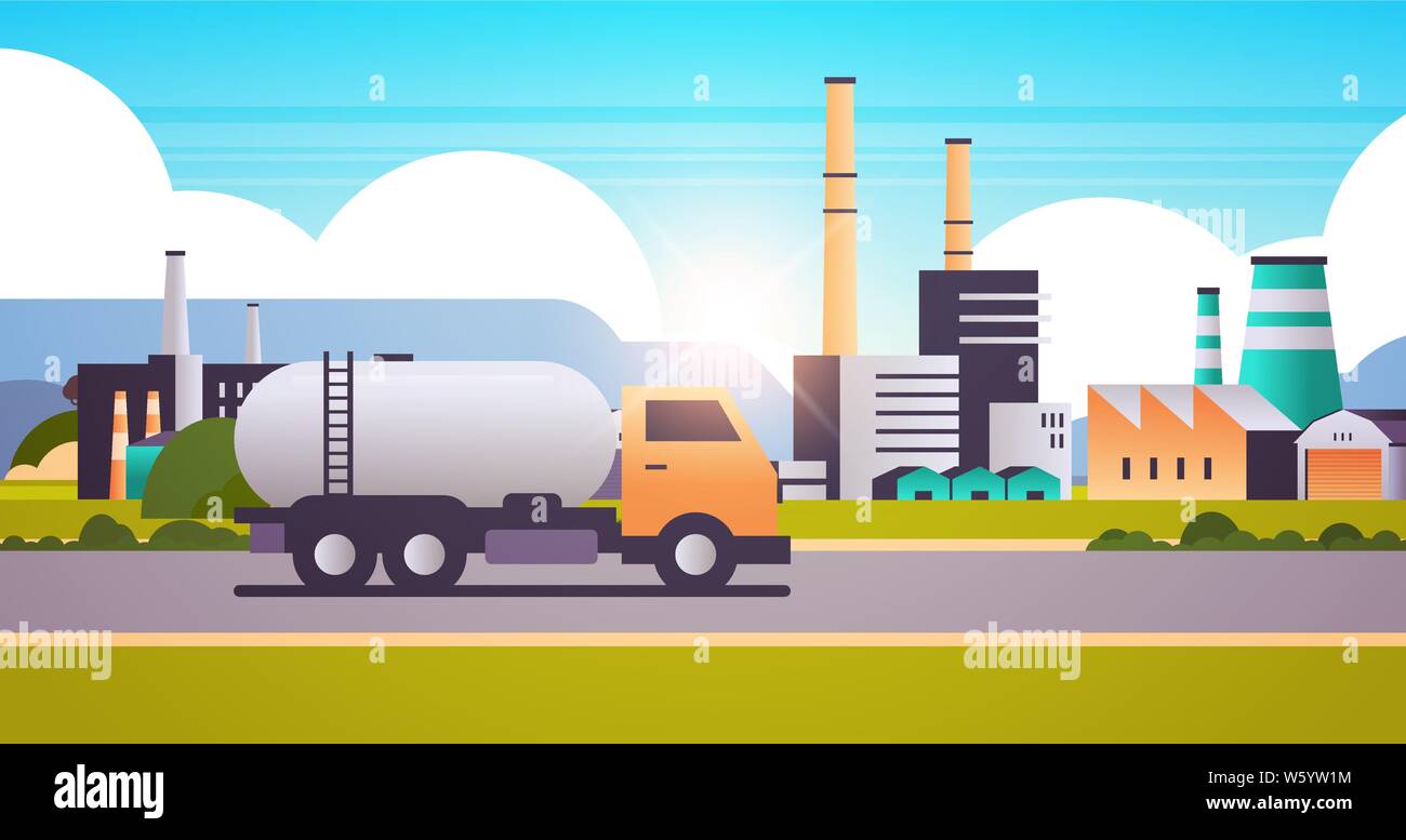 factory building industrial zone with gas or oil tanker truck pipes ...