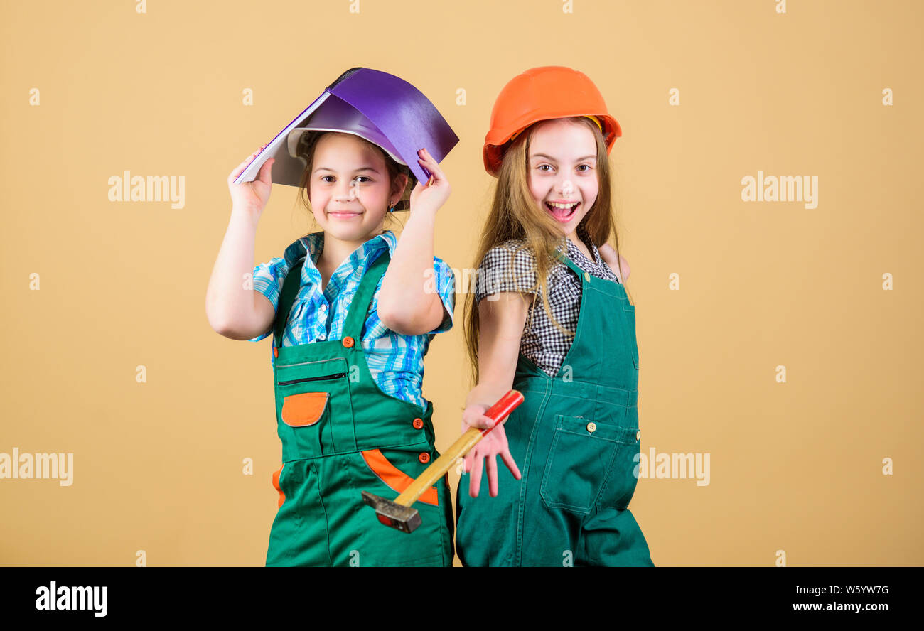 Family remodeling house. Control renovation process. Kids happy ...