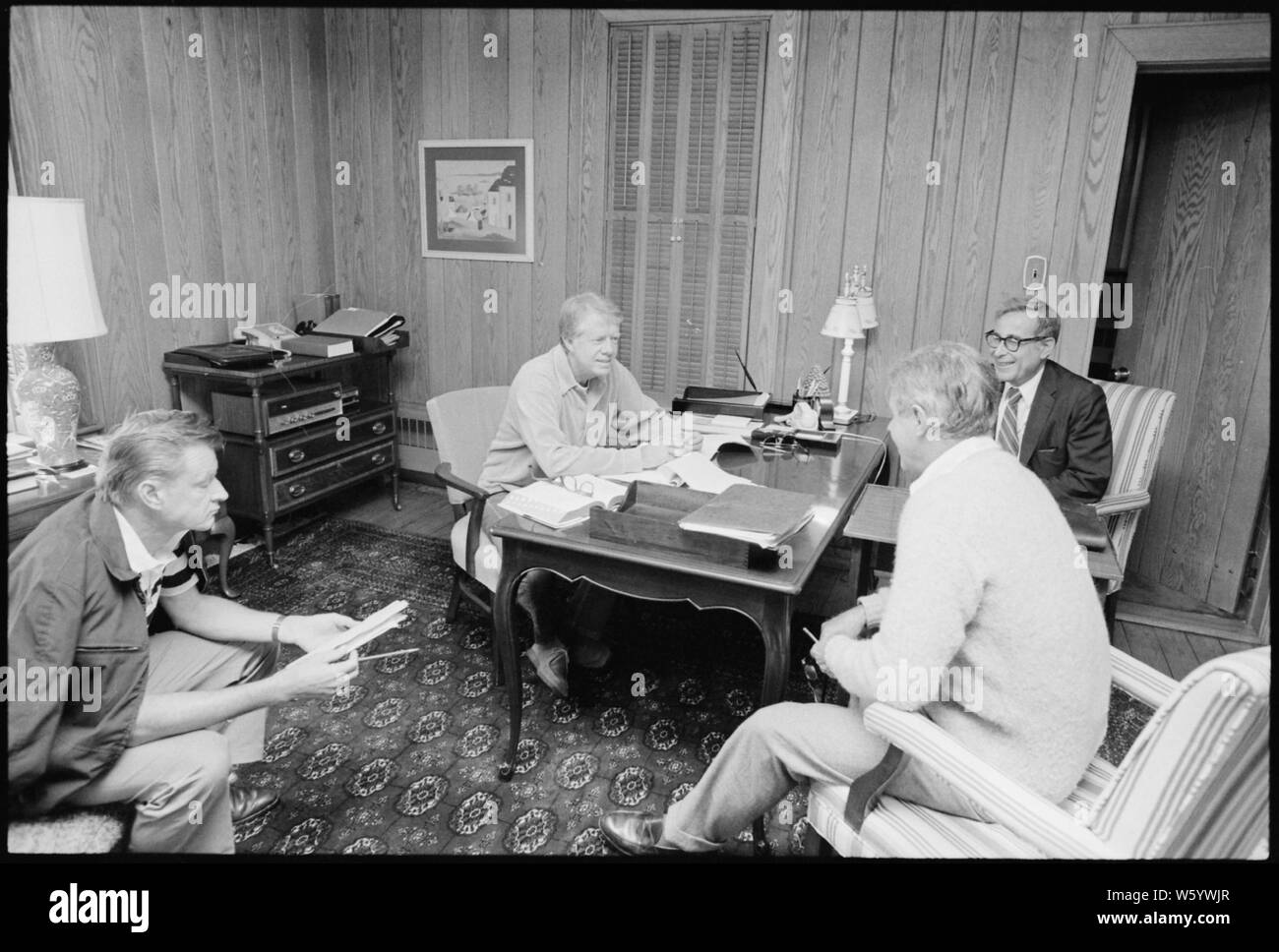 Zbigniew Brzezinski, Jimmy Carter, Cyrus Vance and Harold Brown confer ...