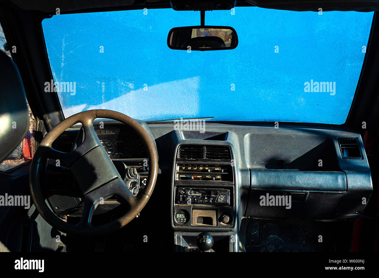 Classic car with frozen windscreen, inside view Stock Photo - Alamy