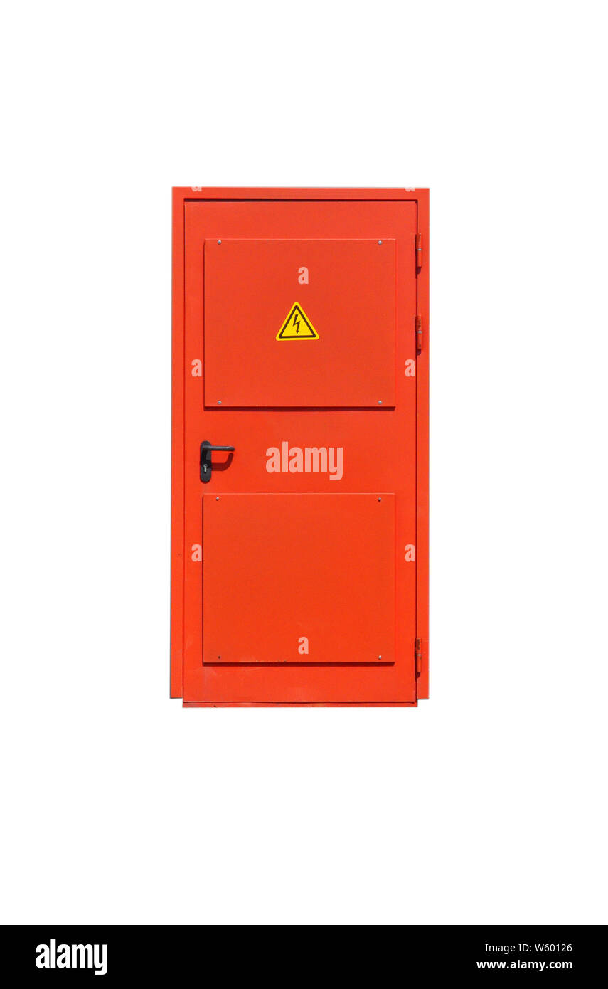 Iron red door of a transformer box. isolate on white background Stock ...