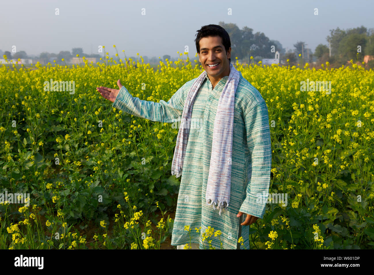 Farmer showing mustard field and smiling Stock Photo - Alamy