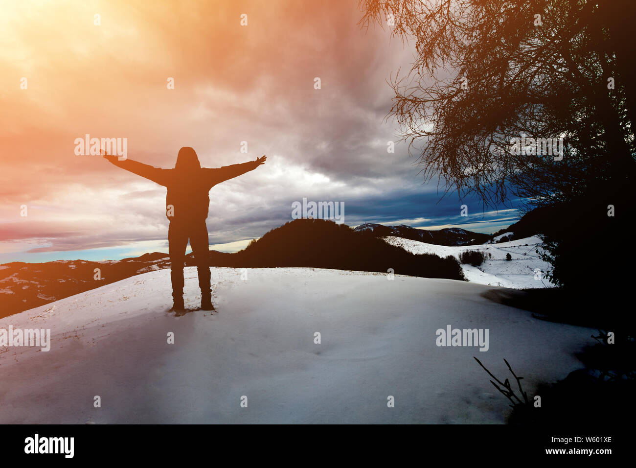 Winter freedom feeling haze flare landscape silhouette Stock Photo - Alamy