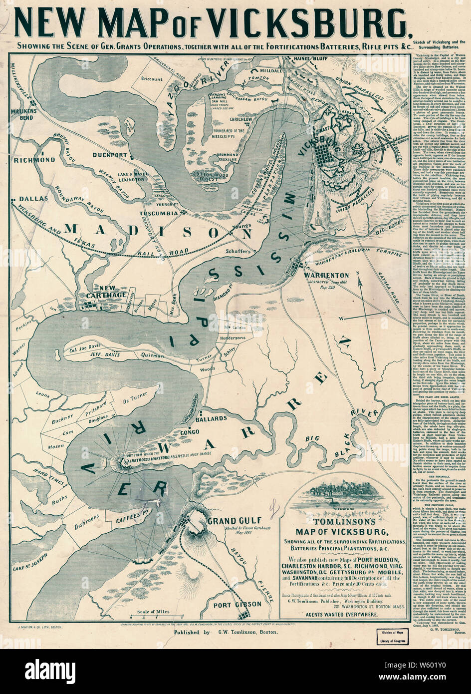 Civil War Maps 1830 Tomlinson's map of Vicksburg showing all the surrounding fortifications ...