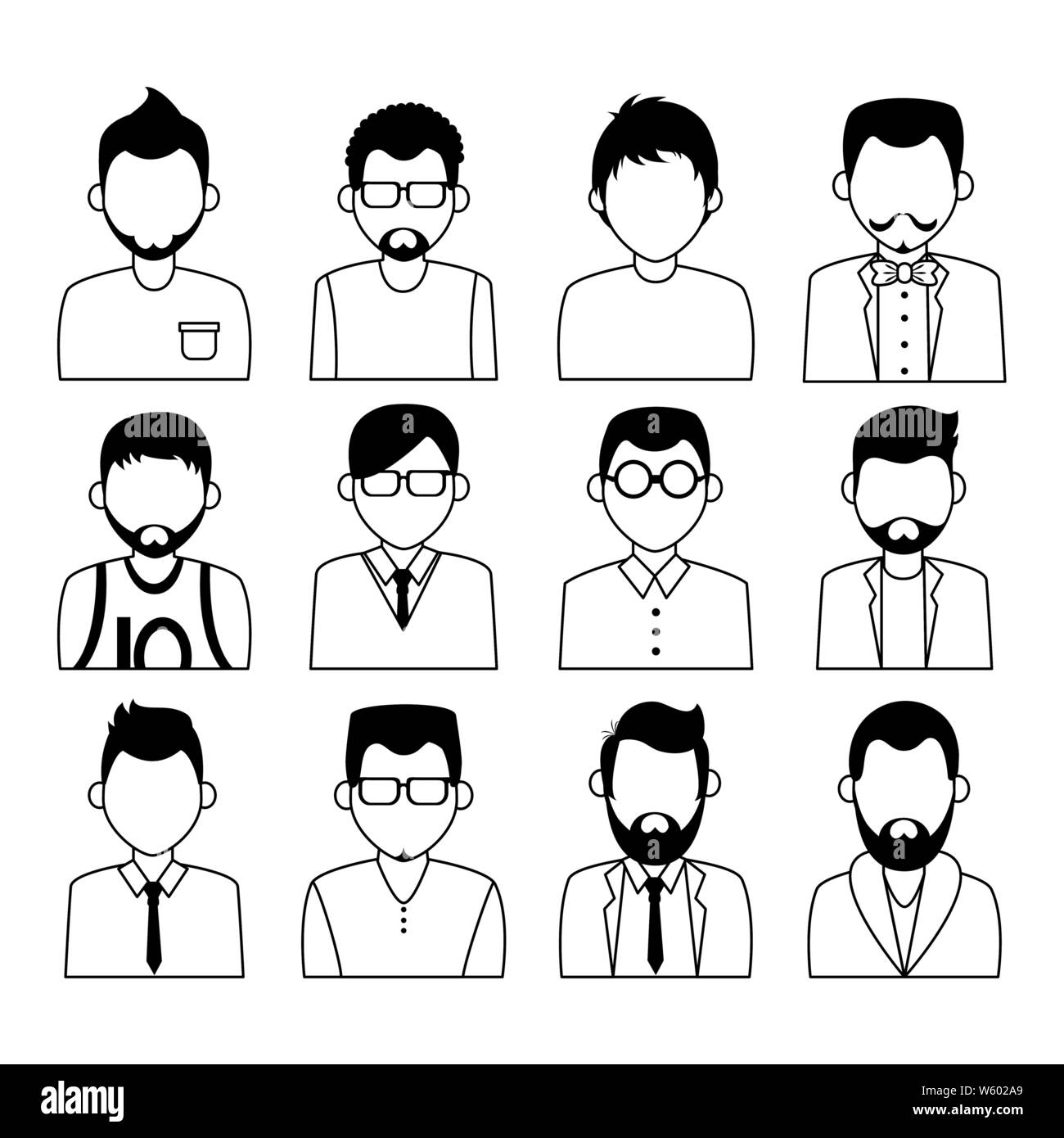 Set of people faceless characters icons in black and white Stock Vector ...