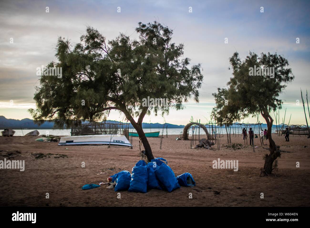 Botes de pesca y panga en la playa de Punta Chueca, Sonora, Mexico ...