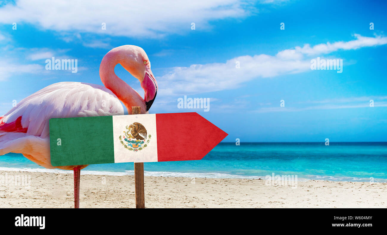 Mexico flag on wooden table sign on beach background with pink flamingo ...