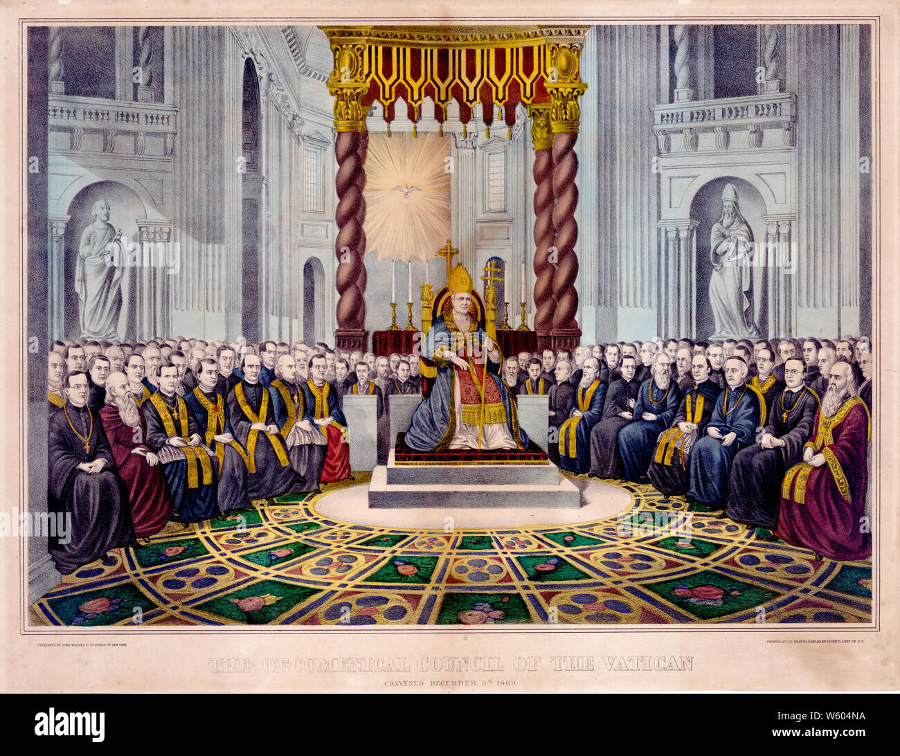 Print showing Pope Pius IX, sitting on a throne at center, with various ...