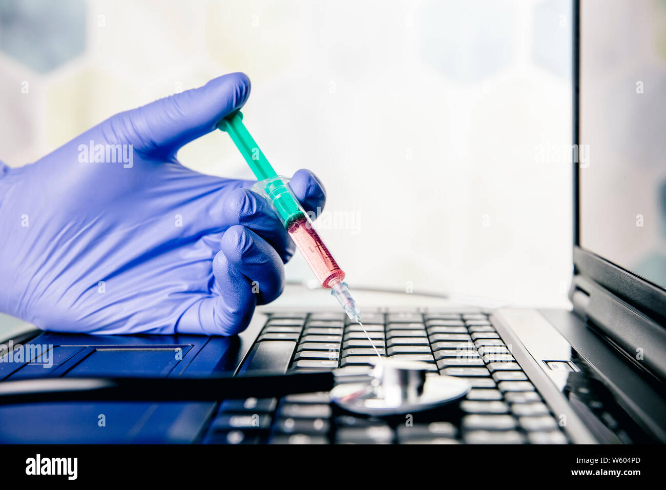 Selective focus on doctor hand wearing blue rubber glove and holding ...