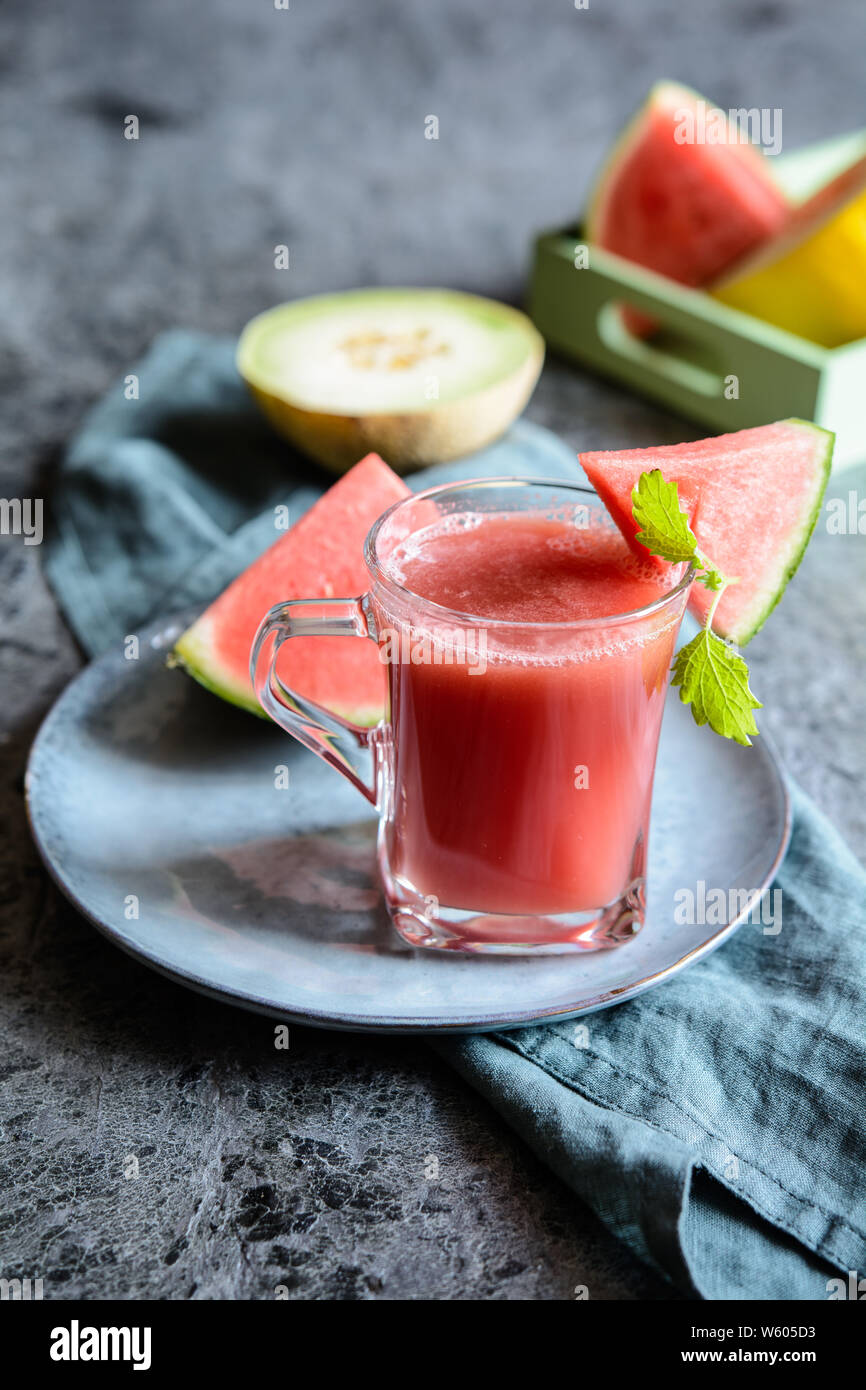 Cold summer drink, refreshing juice made from three types of watermelon ...