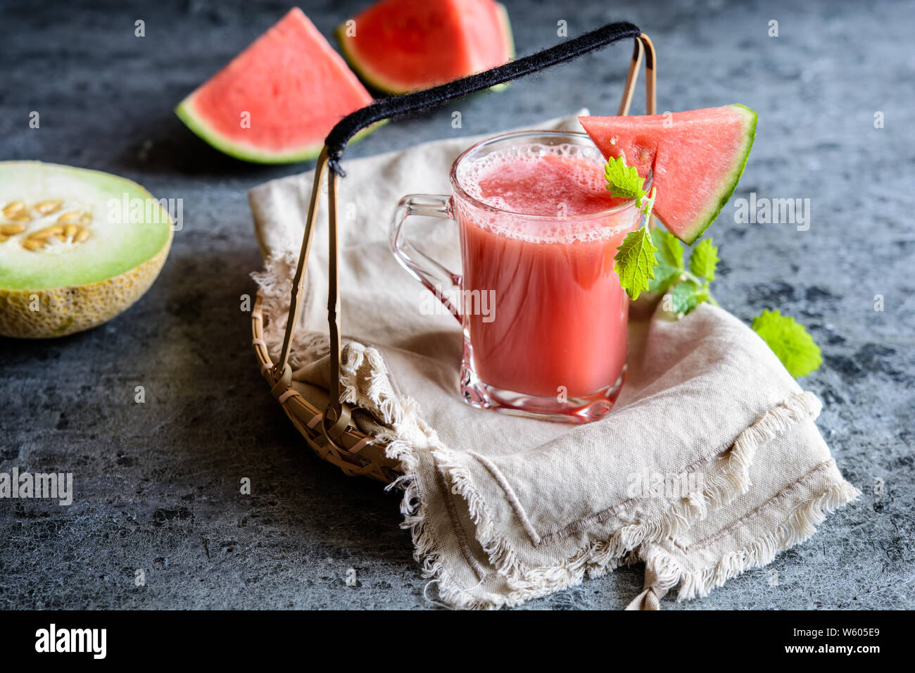 Cold summer drink, refreshing juice made from three types of watermelon ...