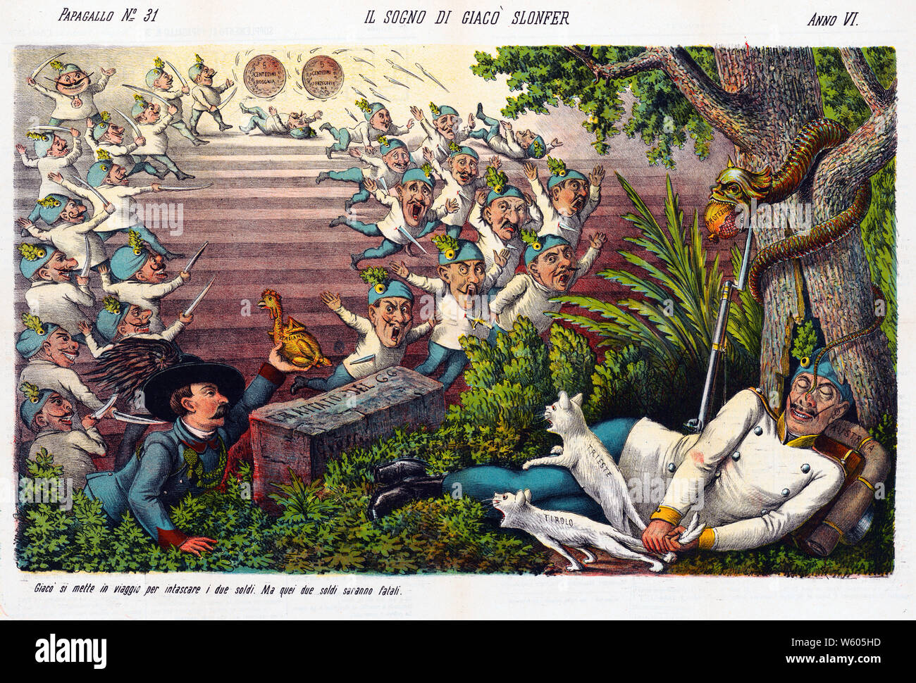Italian political cartoon shows an Austrian soldier asleep beneath a ...