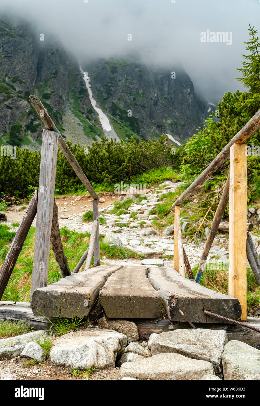 Wooden bridge over mountain river Stock Photo - Alamy