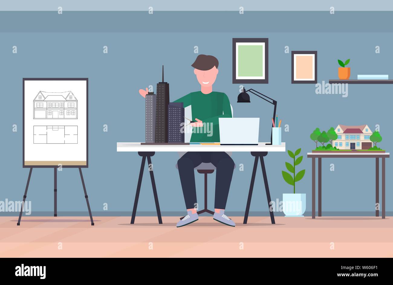 Man Architect Using Compass Engineer Drafting New Building City Model Urban Panning Project