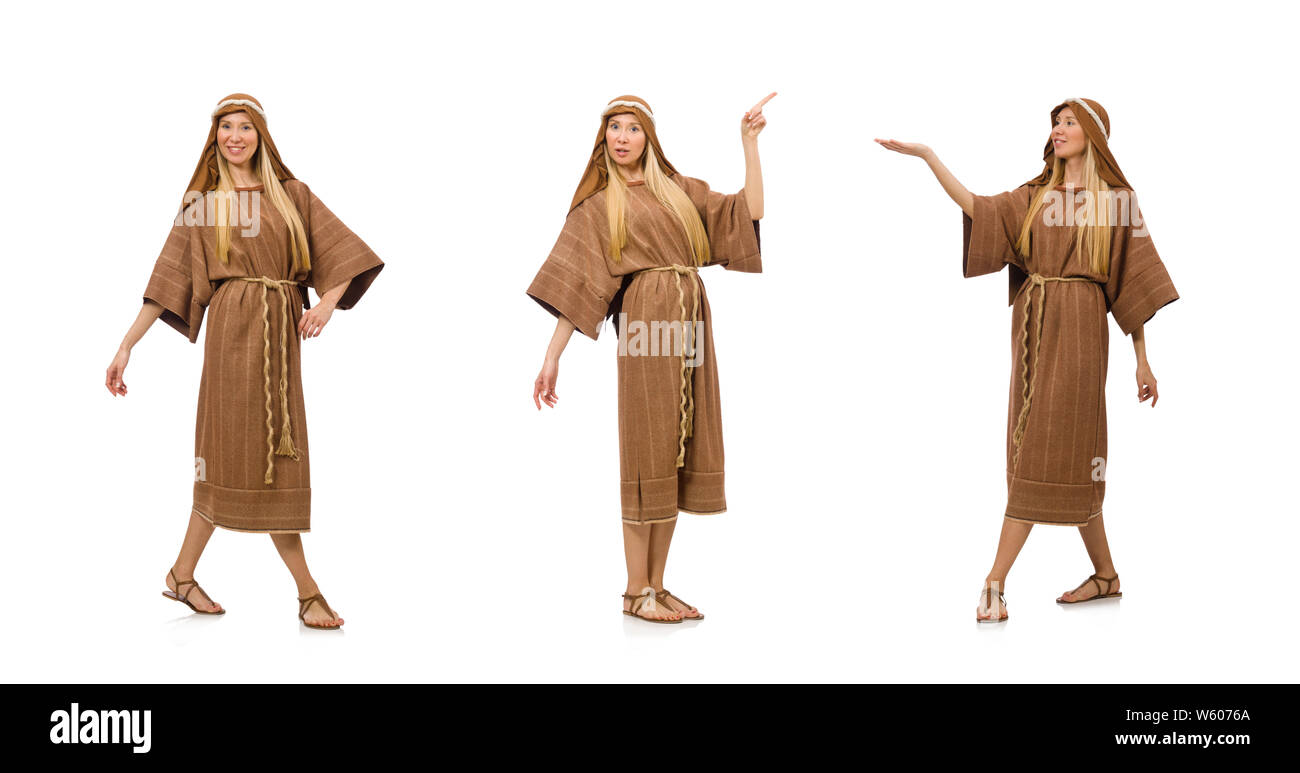 The woman wearing medieval arab clothing on white Stock Photo - Alamy