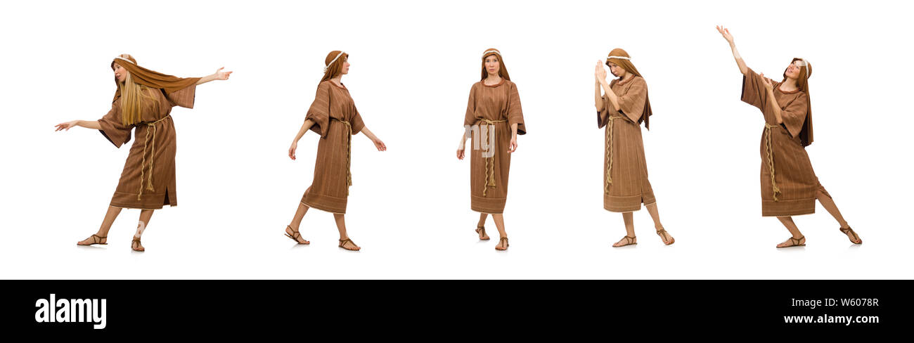 The woman wearing medieval arab clothing on white Stock Photo - Alamy