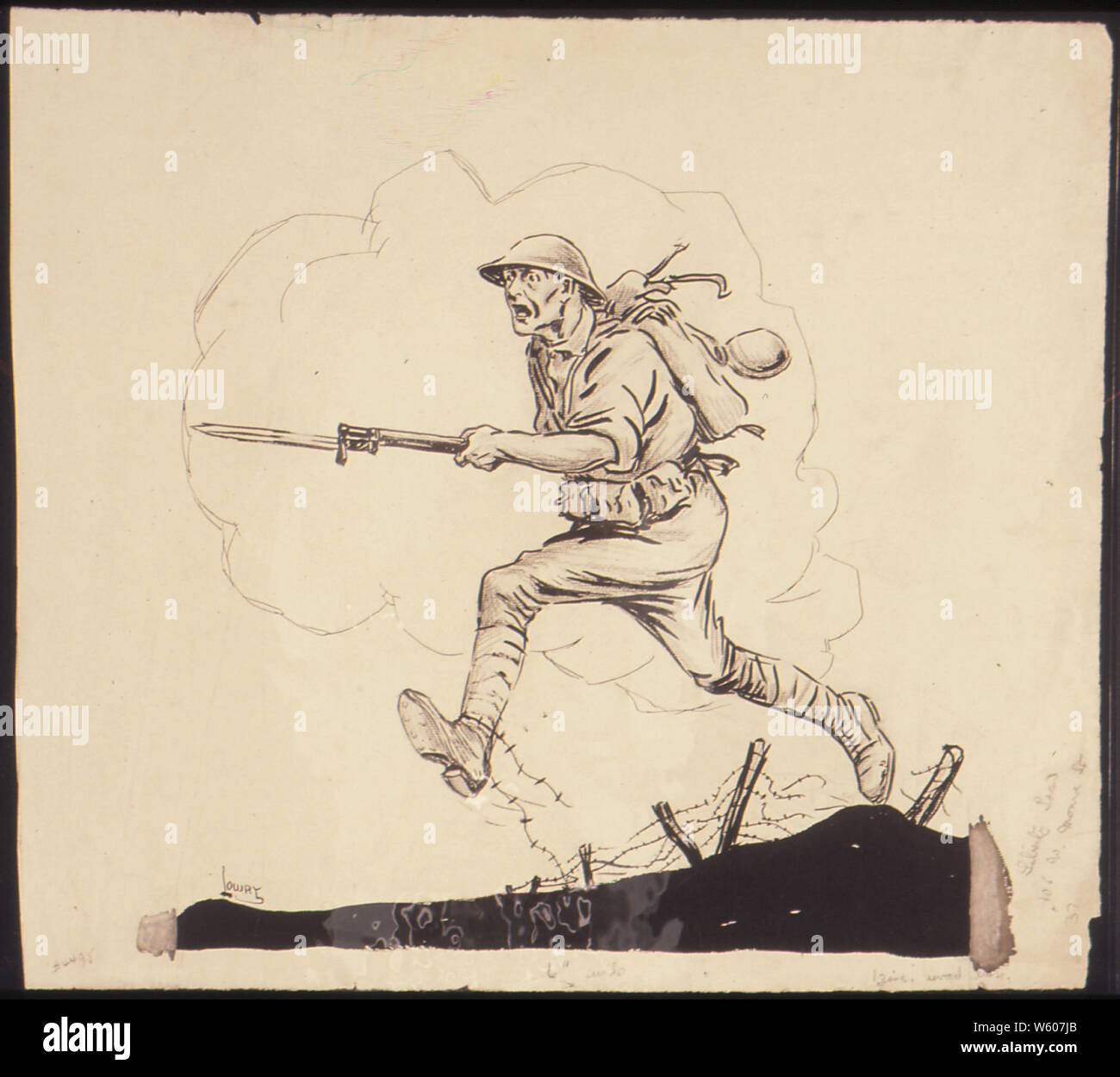 (Soldier charging through barbed wire), ca. 1917 - ca. 1919 Stock Photo ...