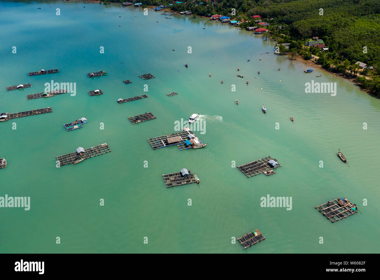 Aerial view of traditional floating fish farms in a shallow ocean in ...