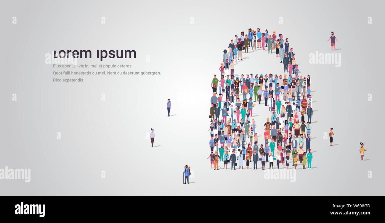 people crowd gathering in padlock icon shape social media community ...