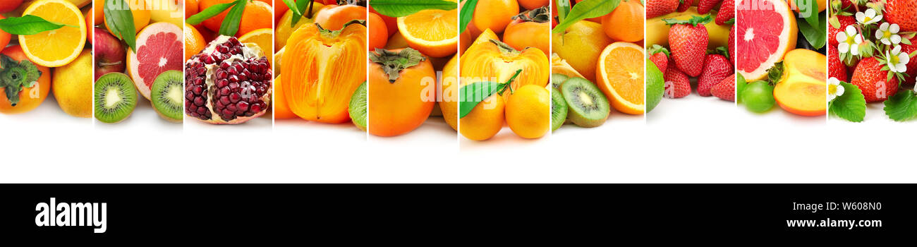 Fresh and healthy fruits separated vertical lines. Isolated on white ...
